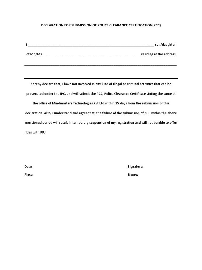 Police Clearance Certificate Declaration | PDF | Finance & Money Management
