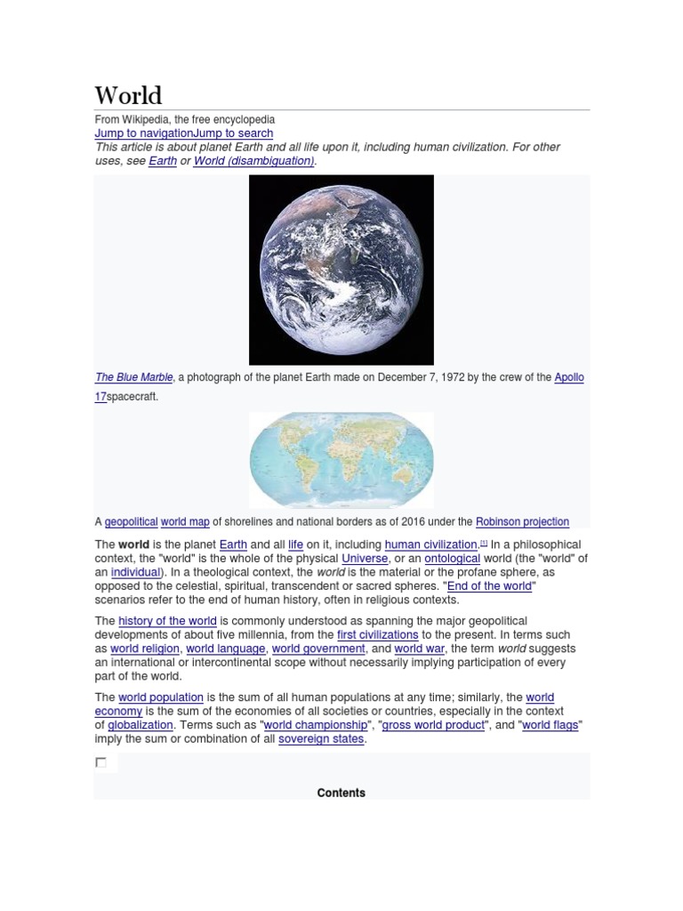 World: This Article Is About Planet Earth and All Life Upon It ...