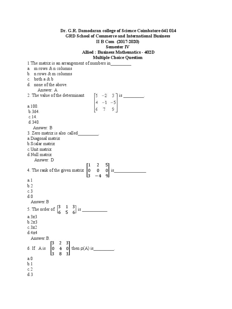 Business Mathematics Multiple Choice Questions | PDF | Mathematical ...