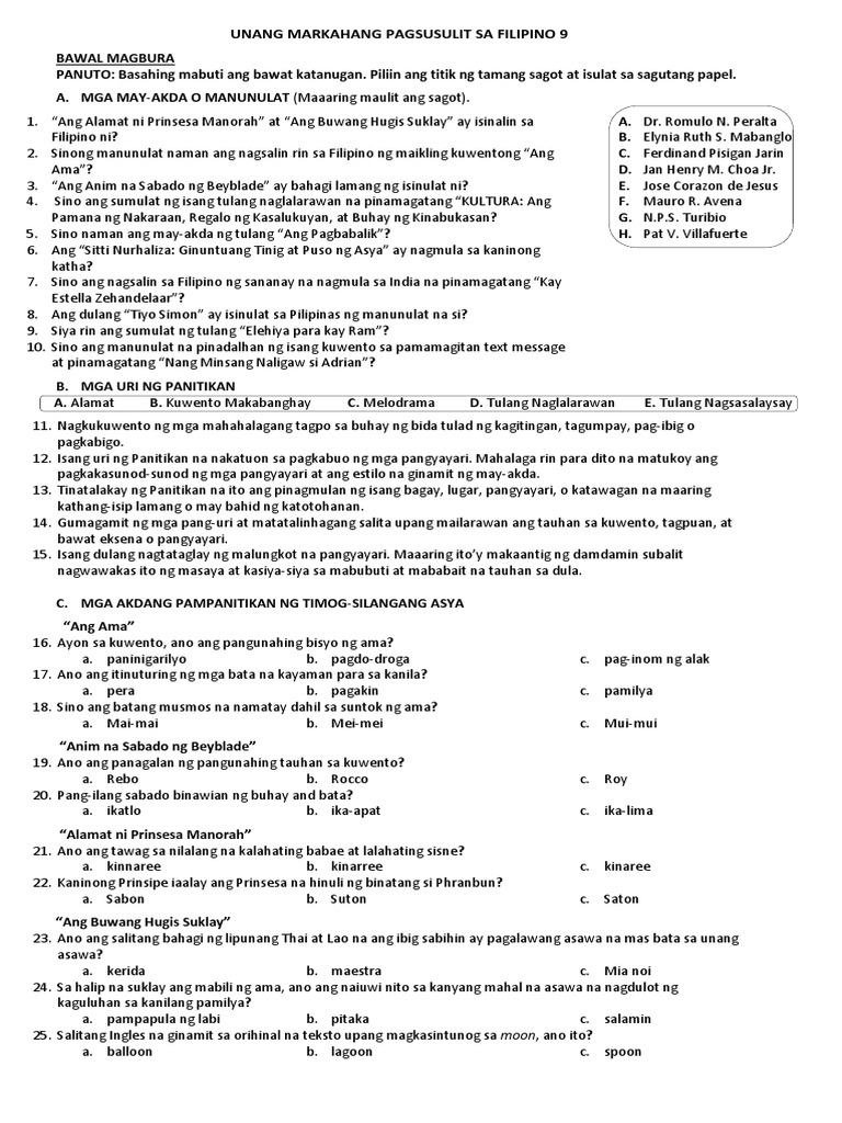 1st Periodical Test FILIPINO 9 | PDF