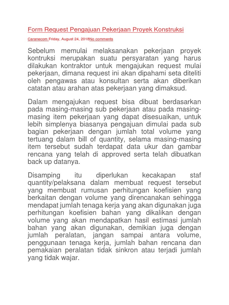 Form Request Pengajuan Pekerjaan Proyek Konstruksi | PDF