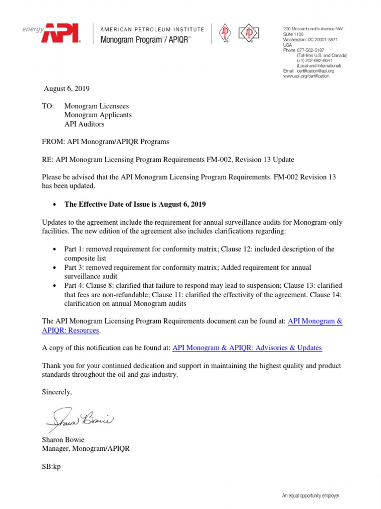 API Monogram Licensing Update FM-002 | PDF
