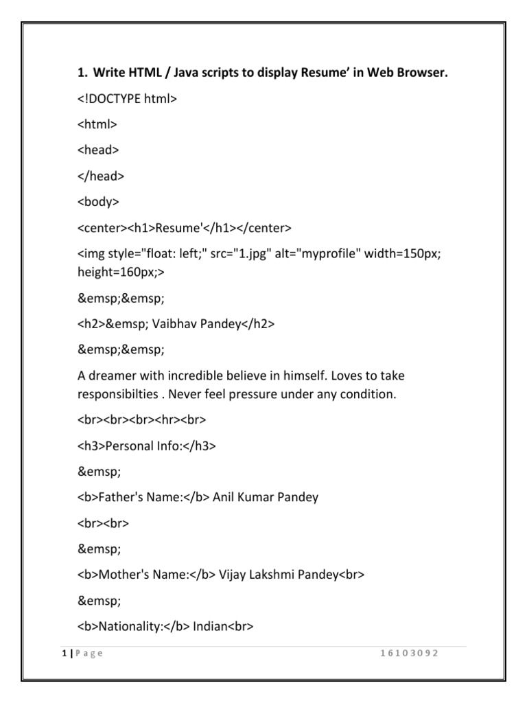 Write HTML / Java Scripts To Display Resume' in Web Browser | Download Free PDF | Java Servlet ...