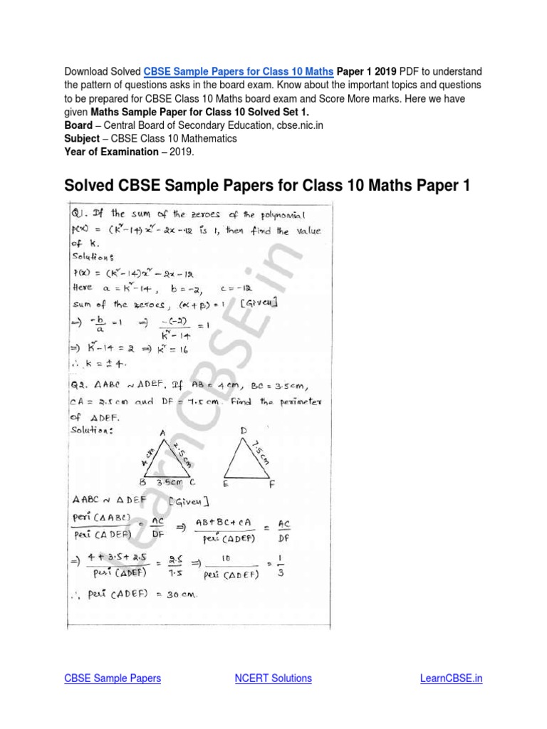 CBSE Class 10 Maths Sample Papers | PDF | Area | Equations