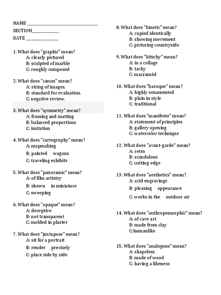 Art Vocabulary Quiz | PDF | Aesthetics | Art Media