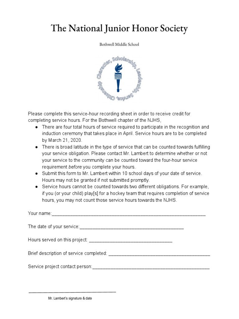 2019 2020 Njhs National Junior Honor Society Hours Form | PDF