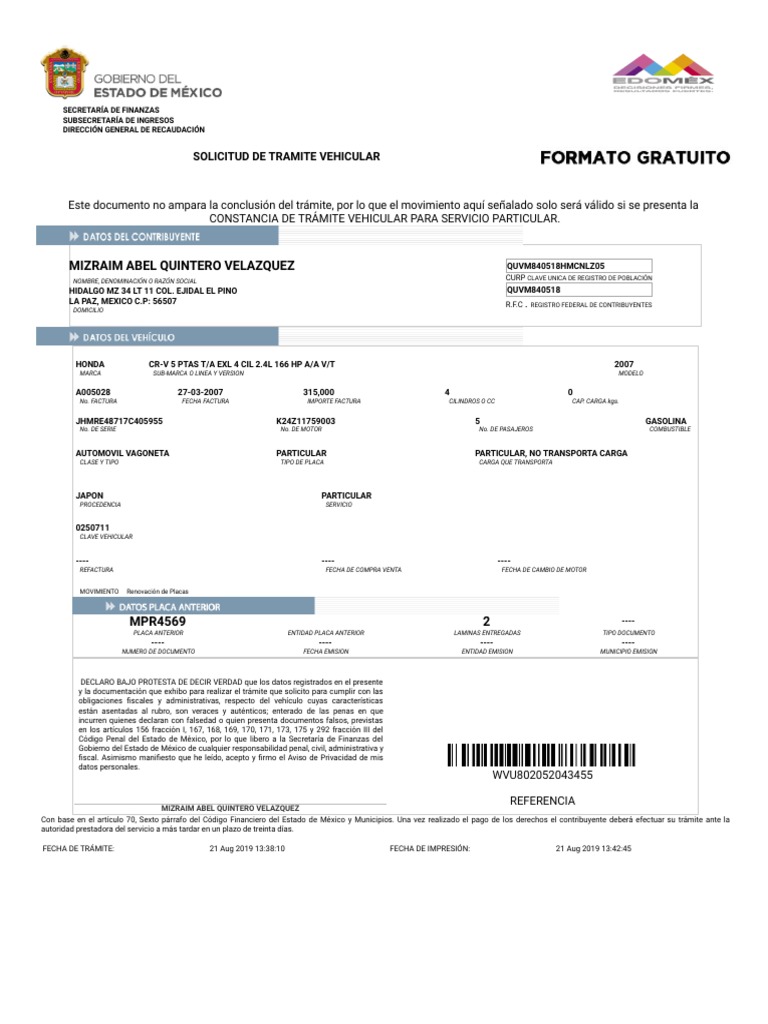 Solicitud de Trámite Vehicular | PDF | Vehículos | Coche