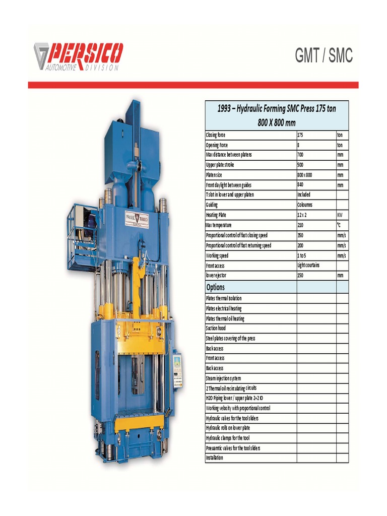GMT / SMC: 1993 - Hydraulic Forming SMC Press 175 Ton 800 X 800 MM ...