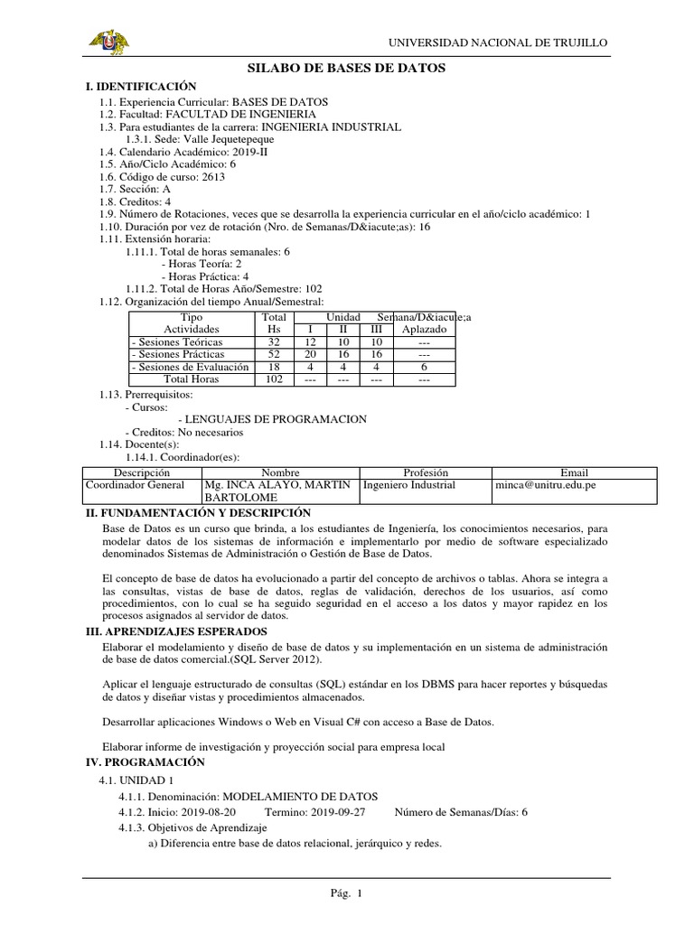 Silabo Curso Base Datos | PDF | SQL | Bases de datos