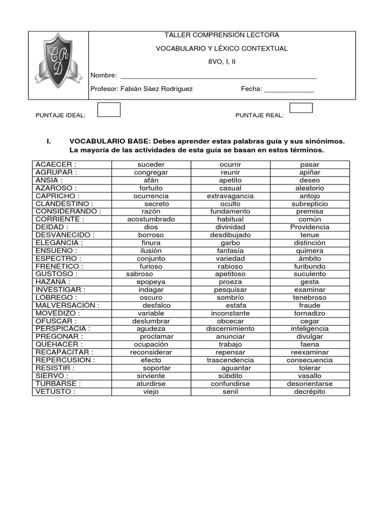 Taller de Vocabulario y Comprensión Lectora | PDF