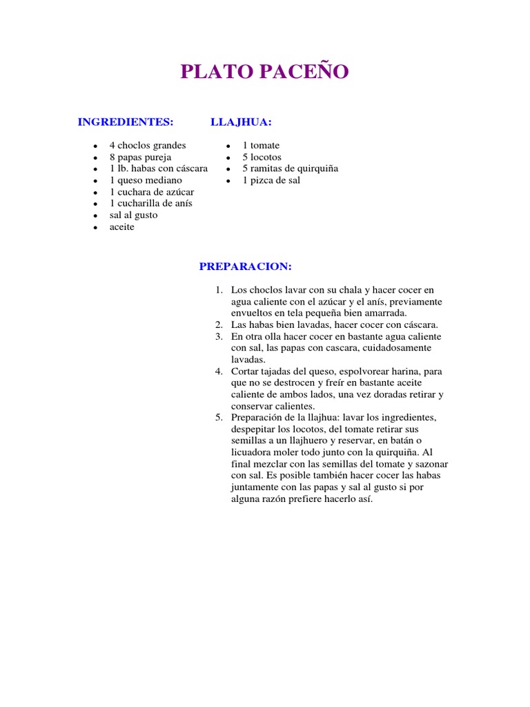 Receta del Plato Paceño y sus Ingredientes | PDF | Cocina, comidas y vino