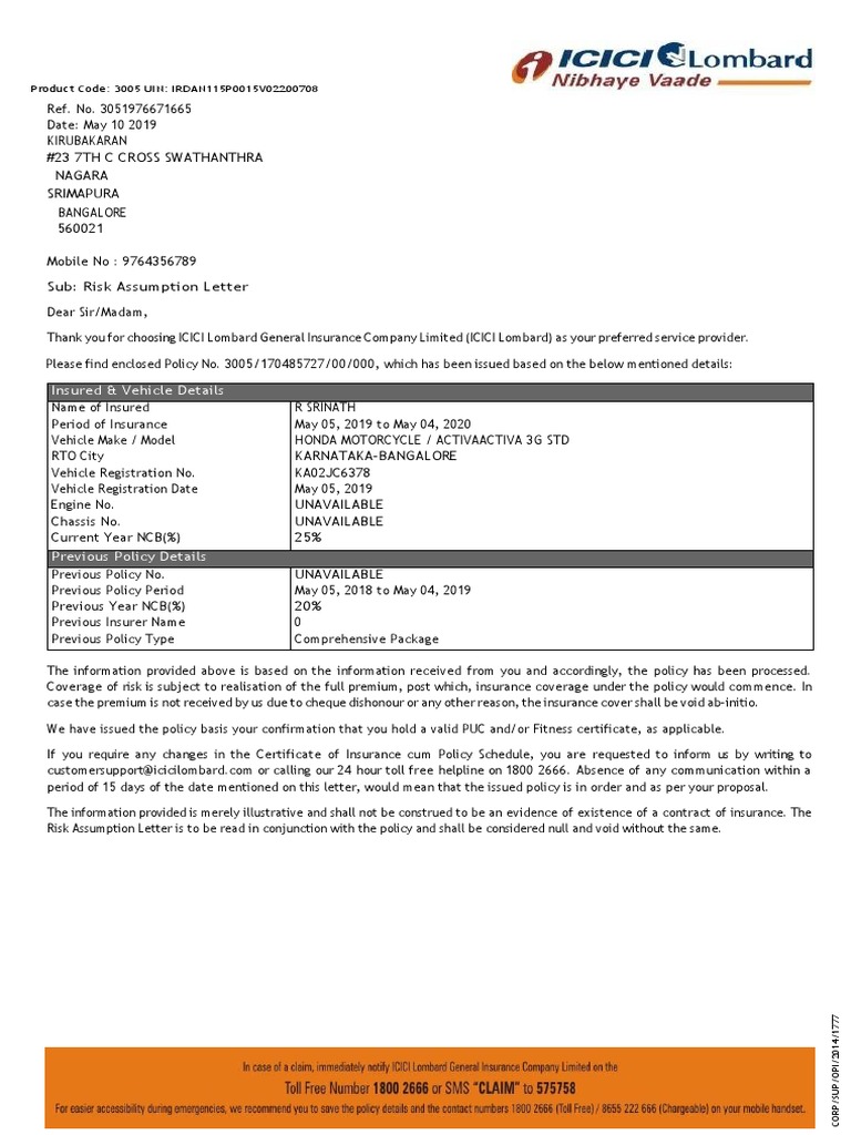 Insured & Vehicle Details: Product Code: 3005 UIN ...