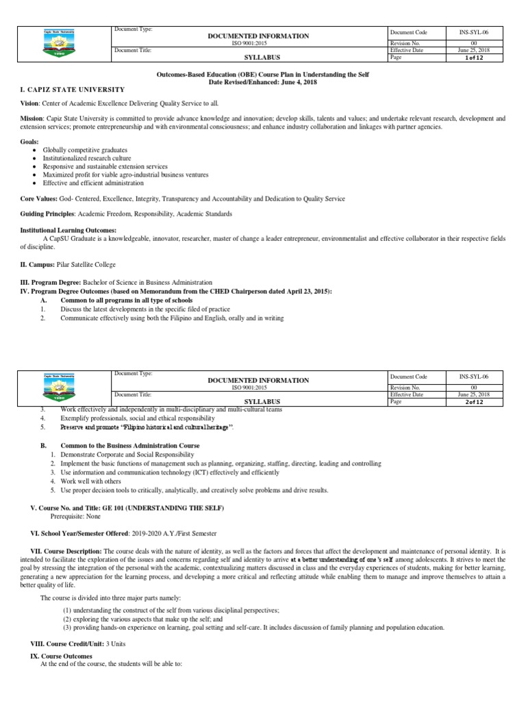 Understanding The Self Syllabus BSBA | PDF | Self | Identity (Social ...