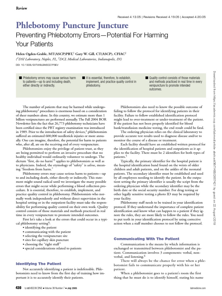 Phlebotomy Puncture Juncture: Preventing Phlebotomy Errors-Potential ...