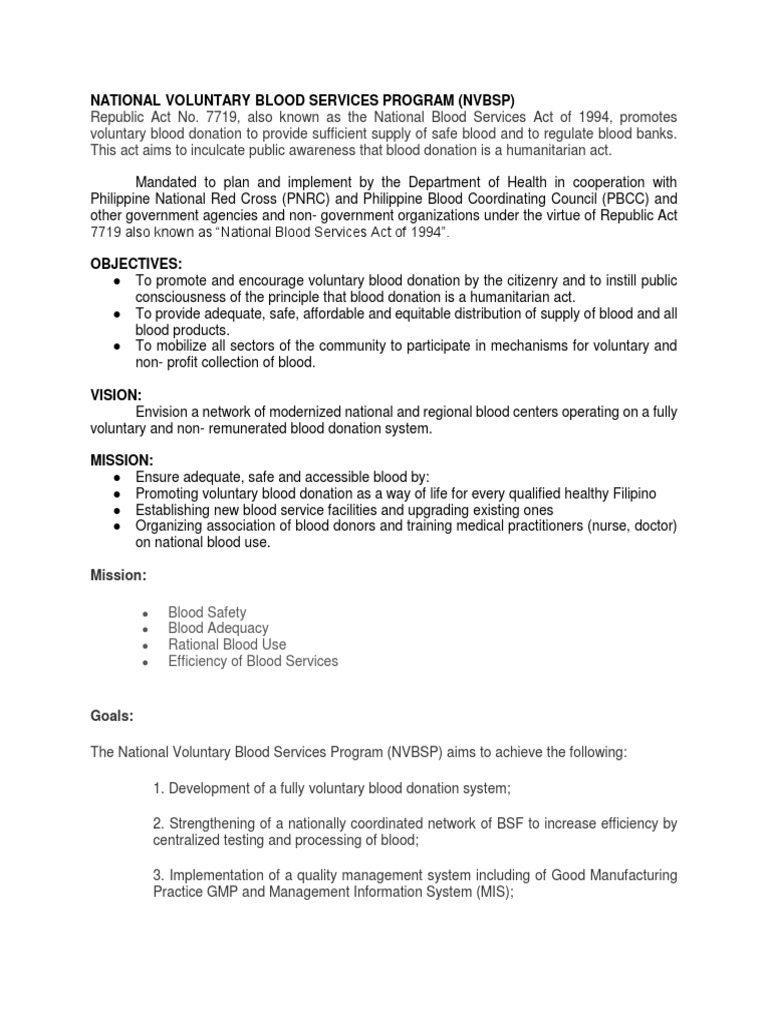National Voluntary Blood Services Program (NVBSP) : Mission | PDF ...