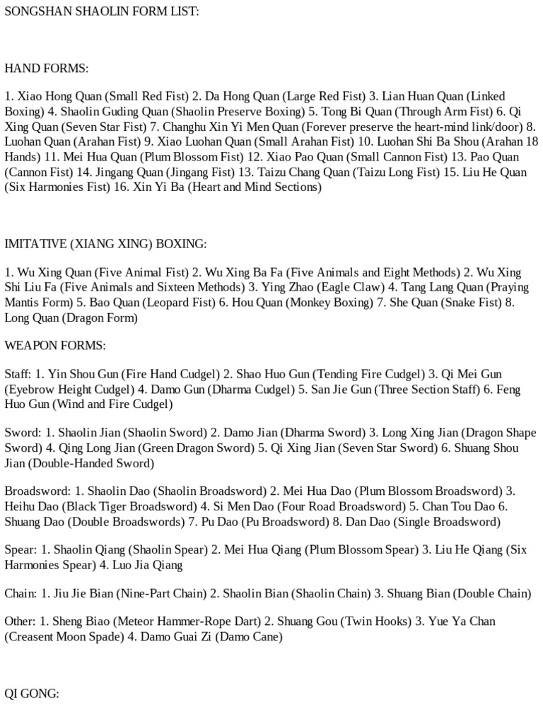 Songshan Shaolin Form List Hand Forms PDF | PDF | East Asian Martial ...
