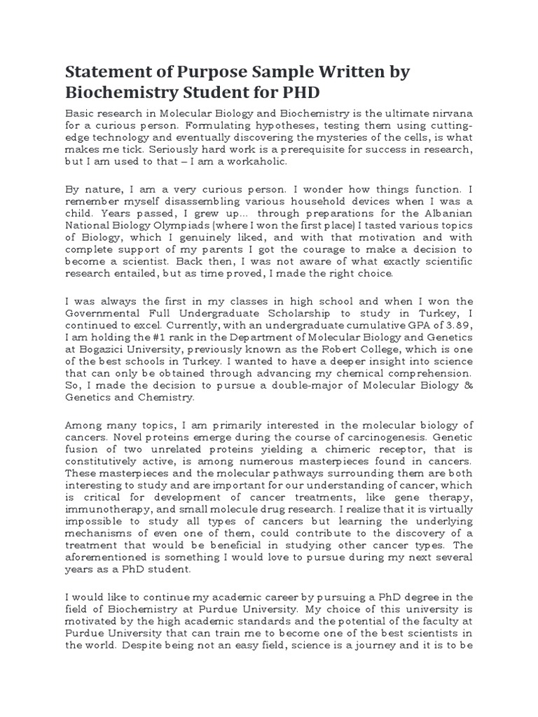 PhD Statement of Purpose in Biochemistry | PDF | Fusion Protein | Biology