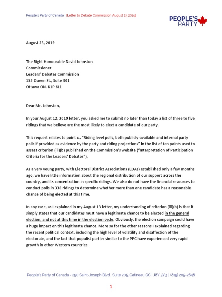 Maxime Bernier's Letter To Debate Commissioner David Johnston ...