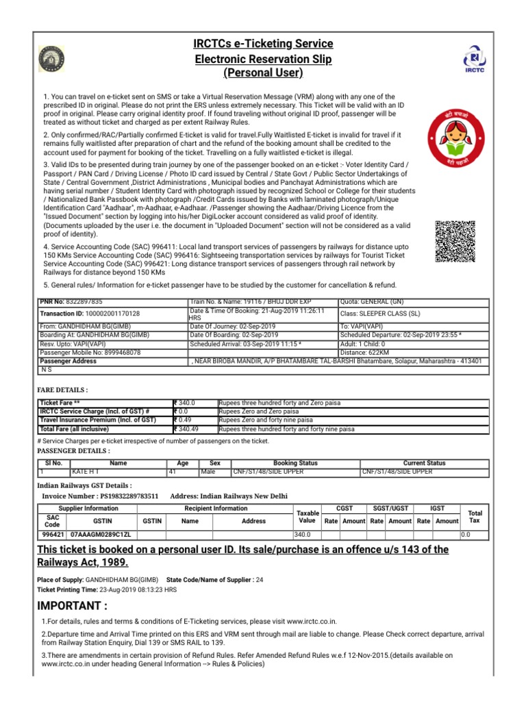 Irctcs E-Ticketing Service Electronic Reservation Slip (Personal User ...