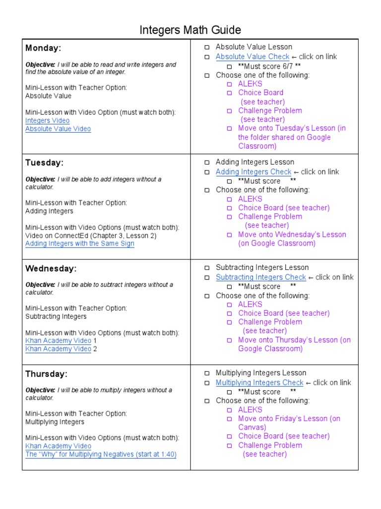 Integers Math Guide | PDF | Numbers | Teaching Mathematics