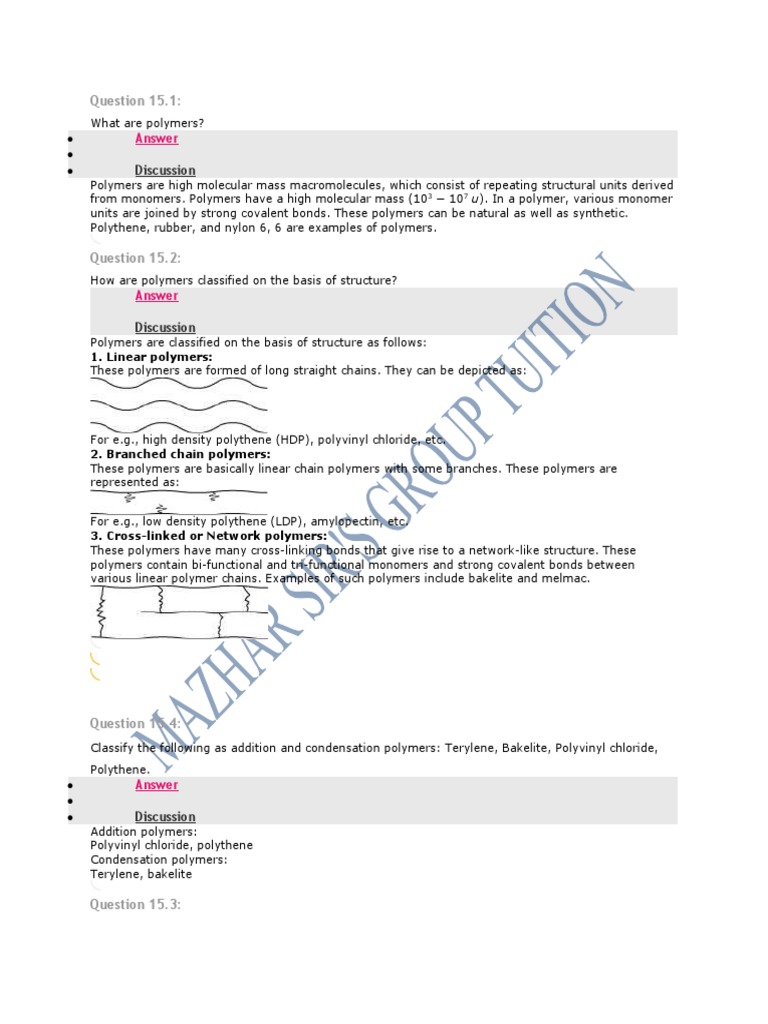 CH 15 Exercise | PDF | Copolymer | Polymers