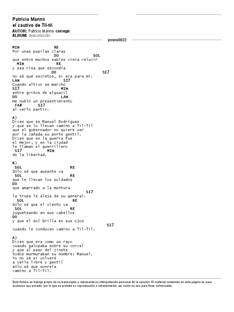 Patricio Manns, El Cautivo de Til-Til - Letra y Acordes | PDF