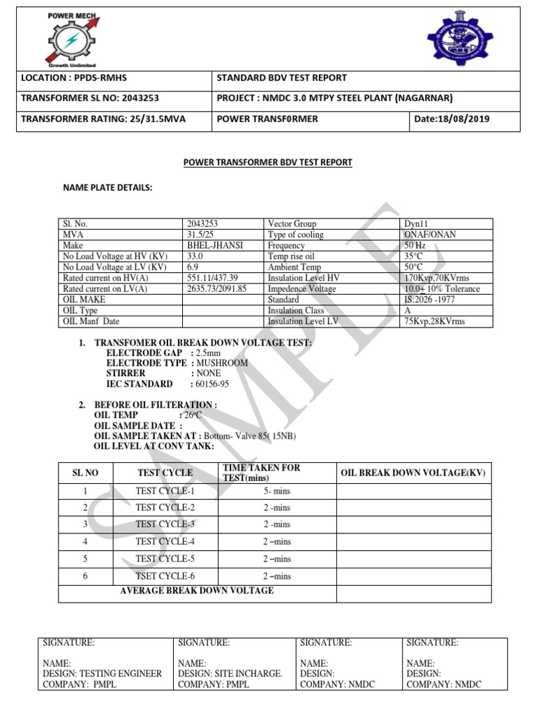 Power Transformer Oil Breakdown Voltage Test Report for Transformer ...