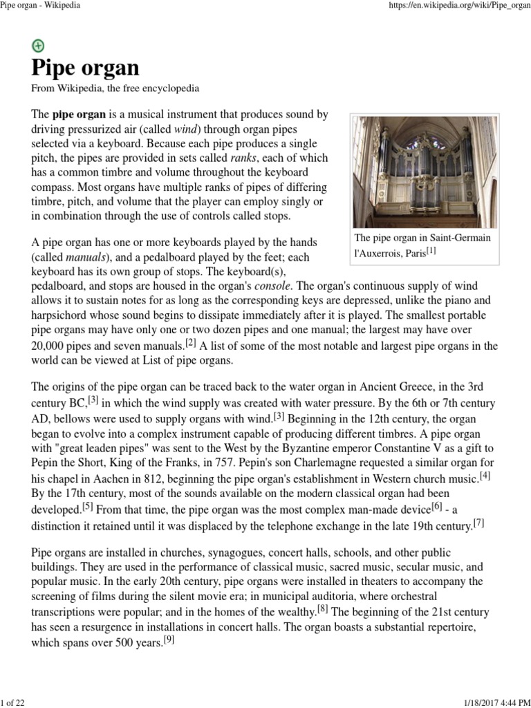 Pipe Organ - Wikipedia | PDF | Aerophones | Sound