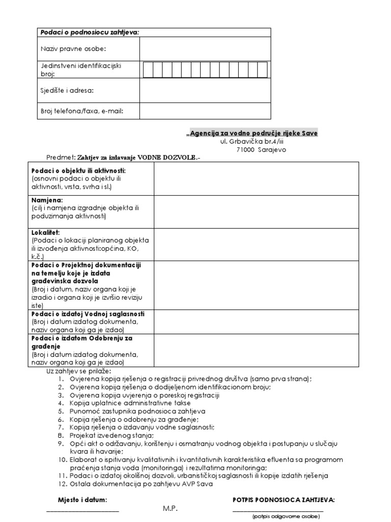 Zahtjev Za Izdavanje Vodne Dozvole - Pravna Lica | PDF