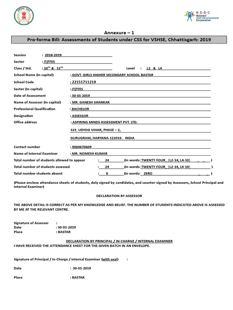 Annexure - 1 Pro-Forma Bill: Assessments of Students Under CSS For VSHSE, Chhattisgarh: 2019 | PDF