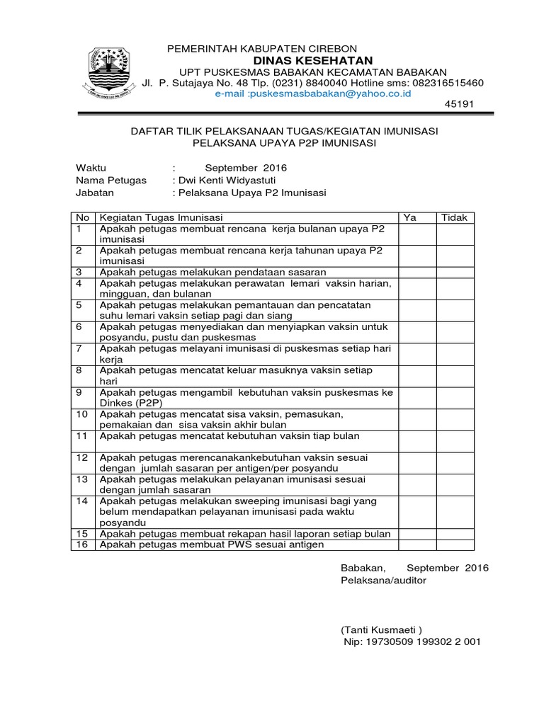 DAFTAR TILIK PELAKSANAAN TUGAS Program Imunisasi | PDF