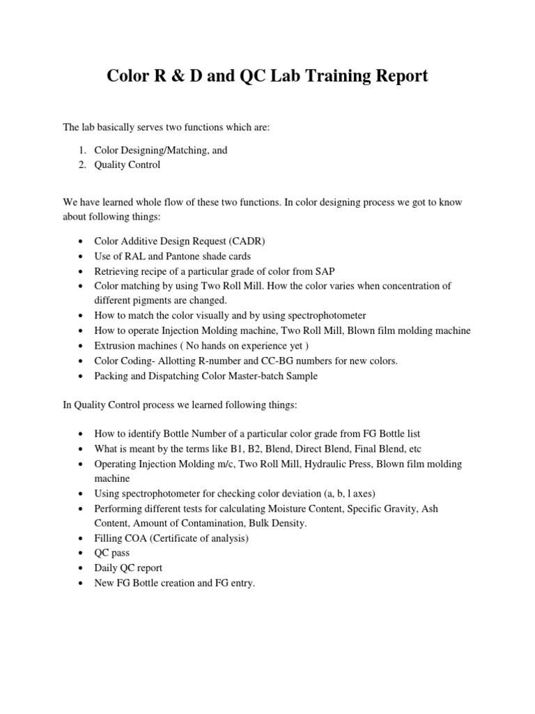 Color R & D and QC Lab Training Report | PDF