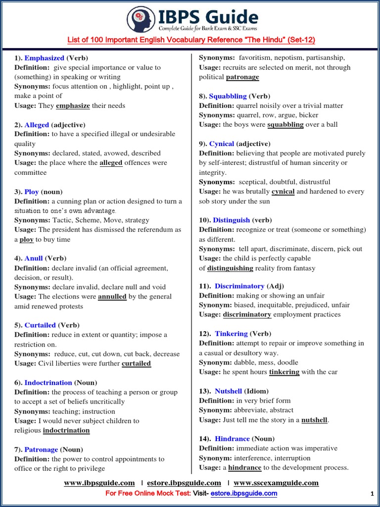 List of 100 Important English Vocabulary Reference "The Hindu" Set-12 ...