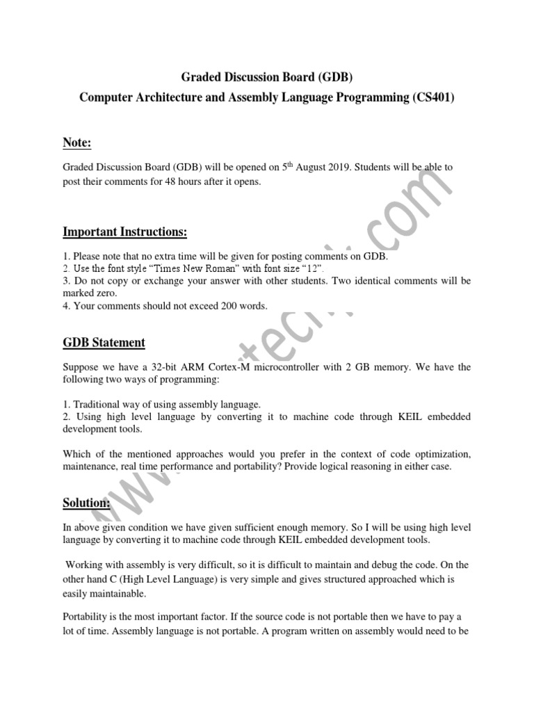 Graded Discussion Board (GDB) Computer Architecture and Assembly Language Programming (CS401) | PDF