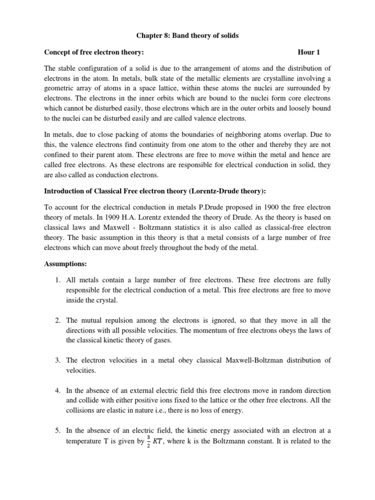 Chapter 8: Band Theory of Solids Concept of Free Electron Theory: Hour ...