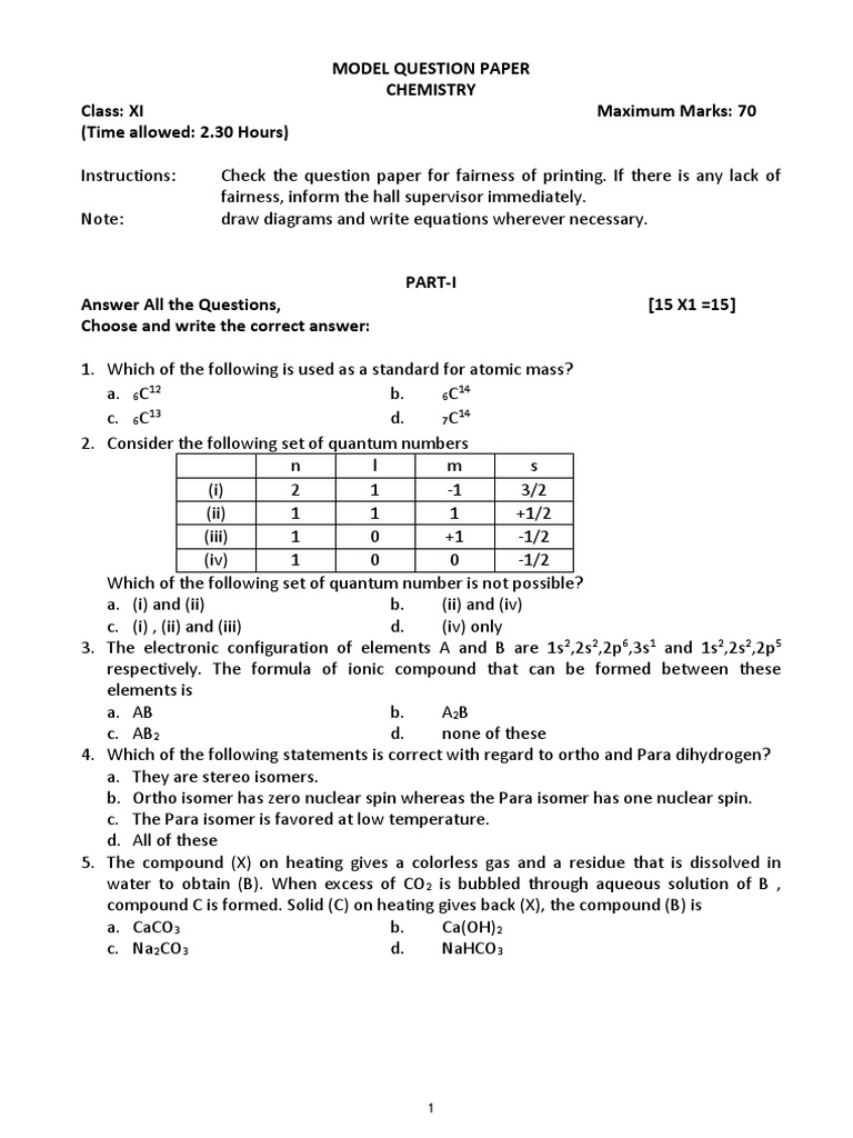 Class 11 Chemistry Model Question Paper | PDF | Ion | Mole (Unit)