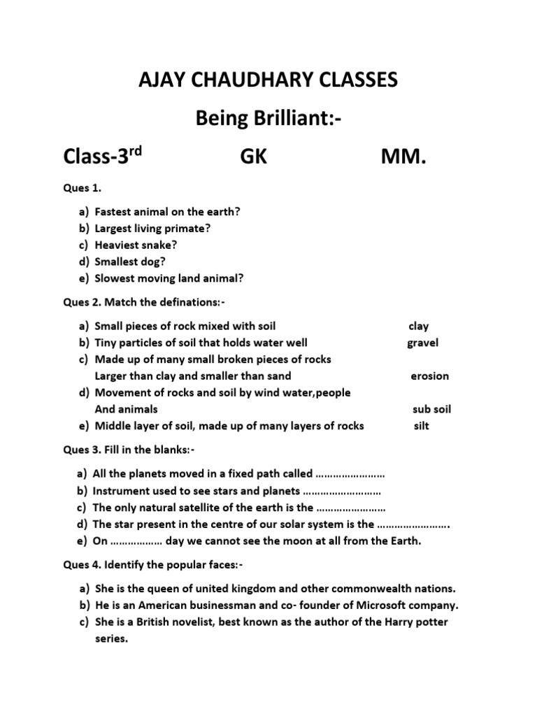 Class 3rd GK (Half Yearly Syllabus) | PDF