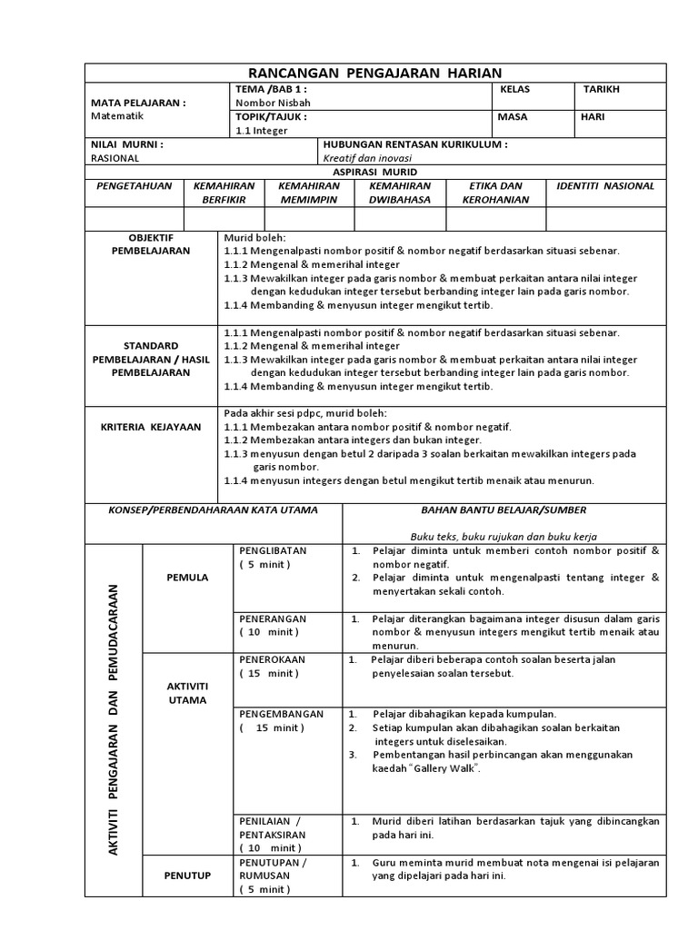 RPH Matematik Tingkatan 1 | PDF