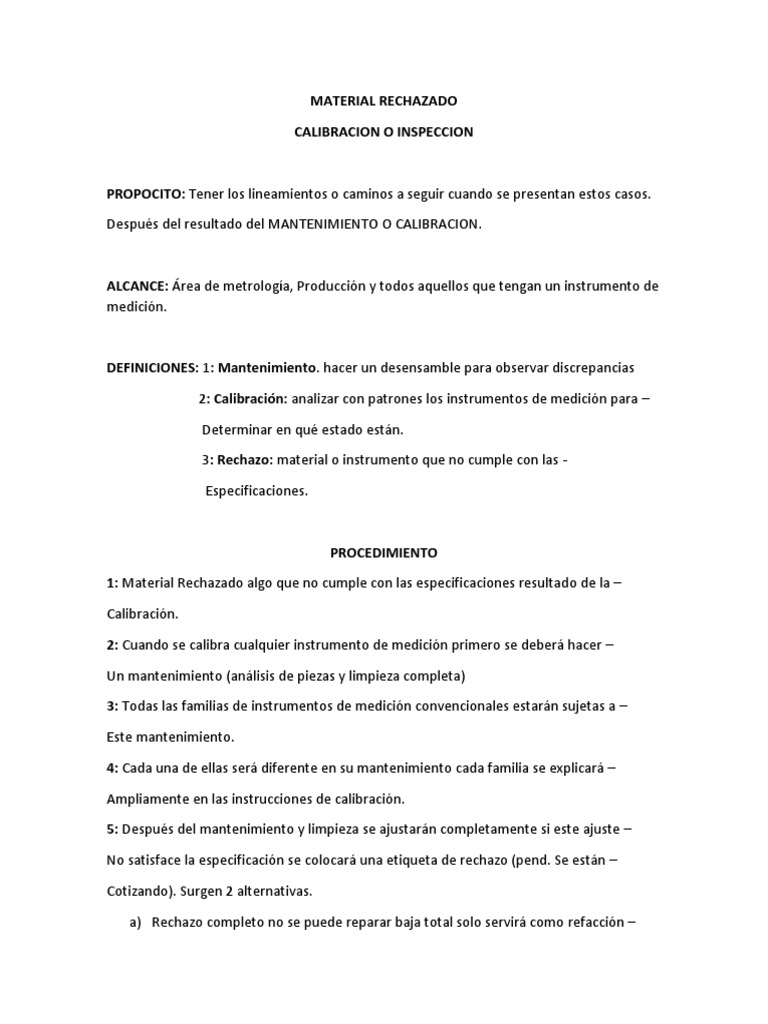 Procedimiento de Material Rechazado | PDF | Calibración | Método científico