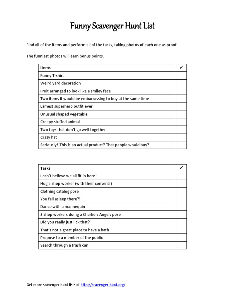 Funny Scavenger Hunt List: Items | PDF