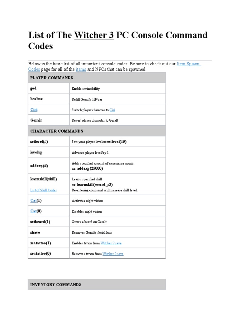 List of The Witcher 3 PC Console Command Codes | Download Free PDF ...