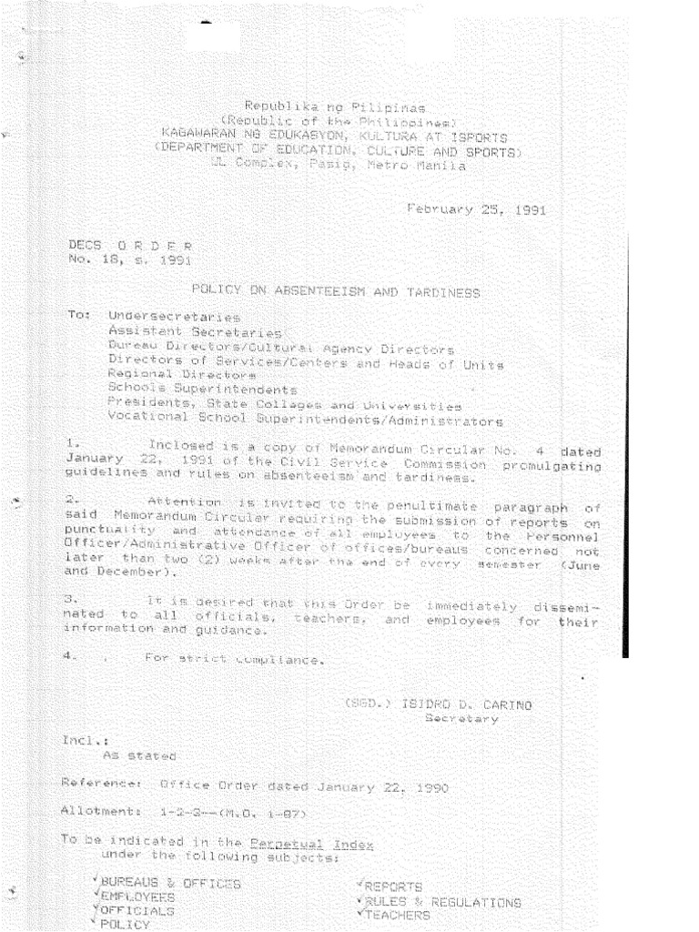 Decs Order No. 18, S. 1991 (Policy On Absenteeism and Tardiness) PDF | PDF