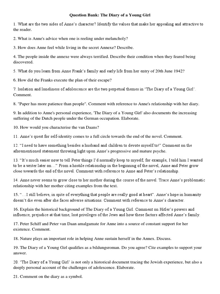 Question Bank-Diary of A Young Girl | PDF | Anne Frank