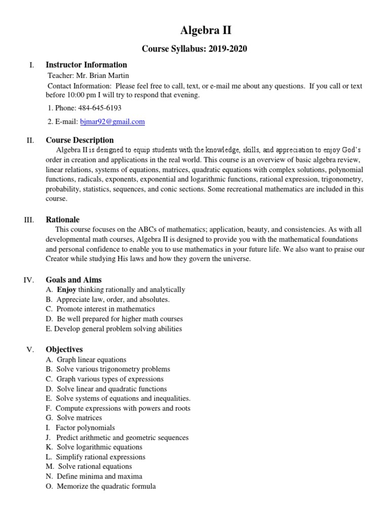 Algebra II Syllabus | PDF | Algebra | Equations