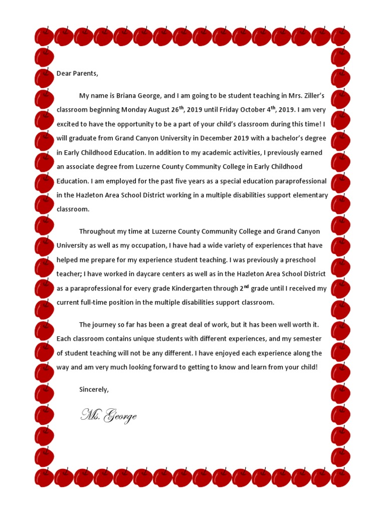 Student Teaching - Intro To Parents Letter 1 | PDF | Self-Improvement