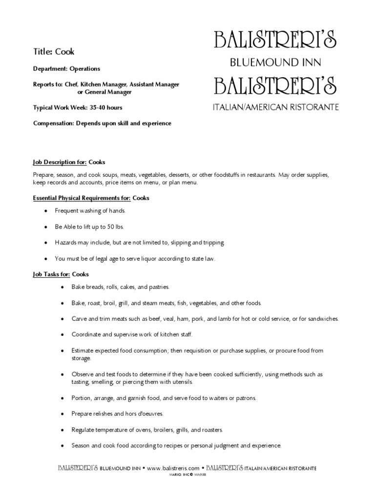 Job Description Cook | PDF | Grilling | Baking