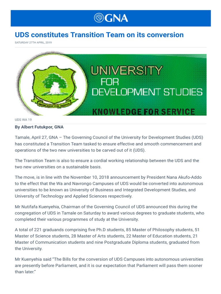 UDS Constitutes Transition Team On Its Conversion - Ghana News Agency ...