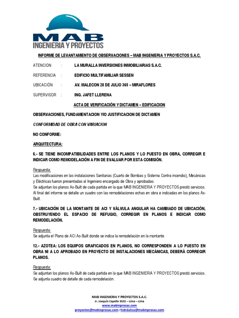 Informe de Levantamiento de Observaciones | PDF | Ingeniería de Edificación