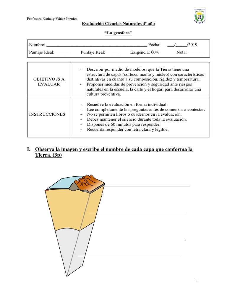 Evaluación sobre las Capas de la Tierra | PDF