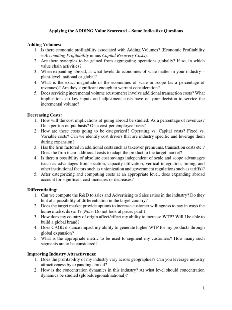 Adding Value Scorecard - Indicative Questions | PDF | Economies Of ...